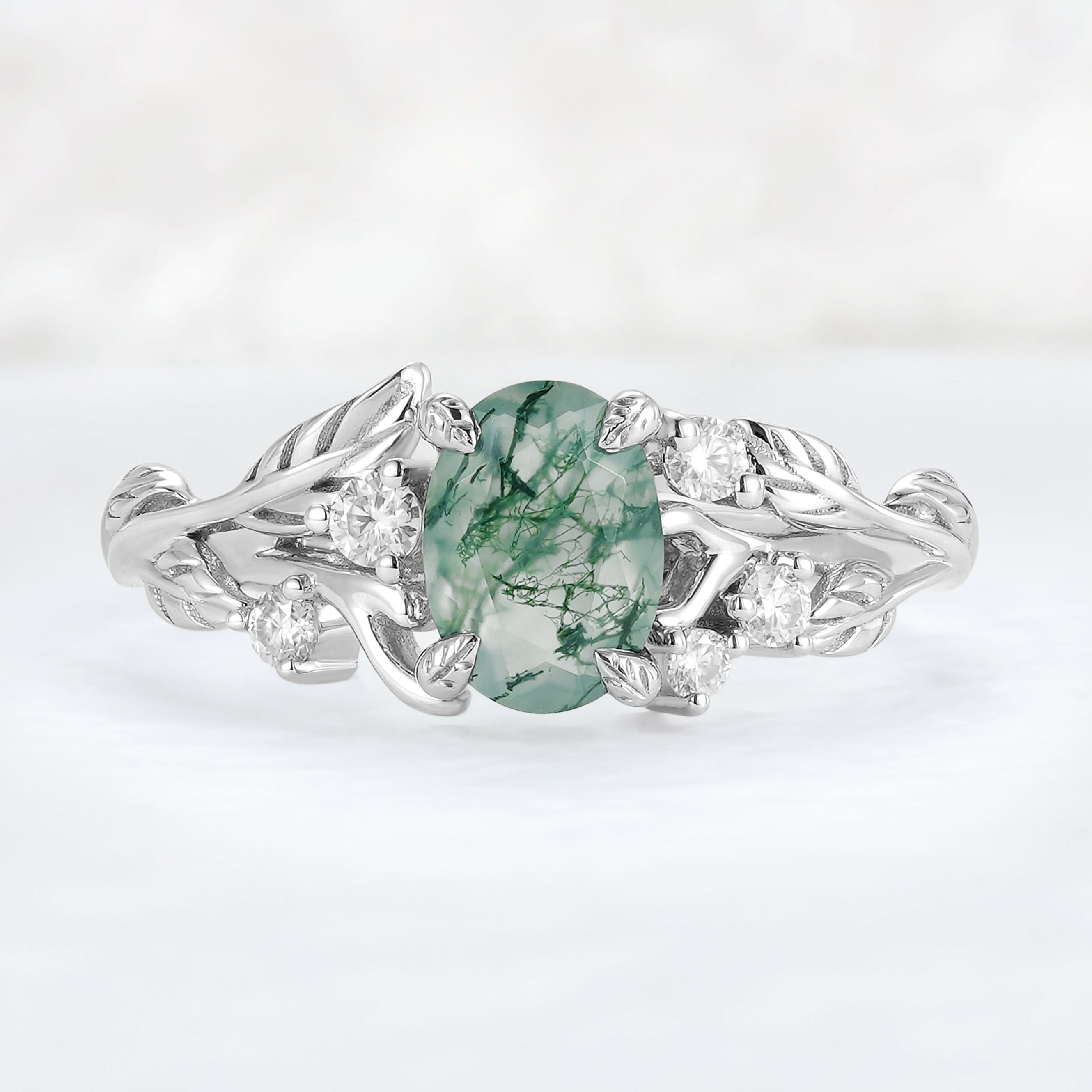 Nuture Inspired Oval Cut Moss Agate Leafy 10K White Gold Engagement Ri – Iver Jewelry