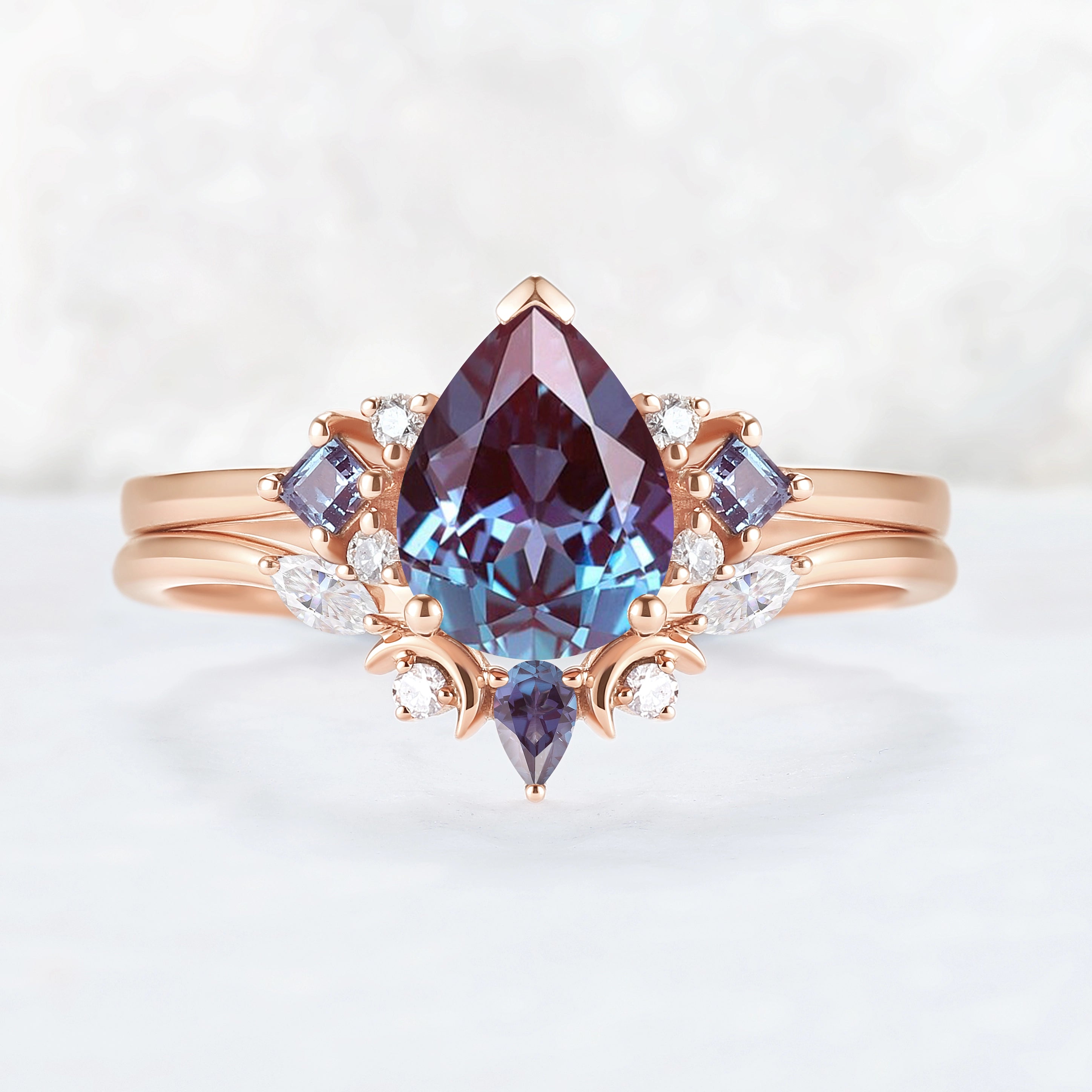 Cluster Pear Cut Alexandrite Moon Gemstone Ring Set 2pcs - Iver Jewelry