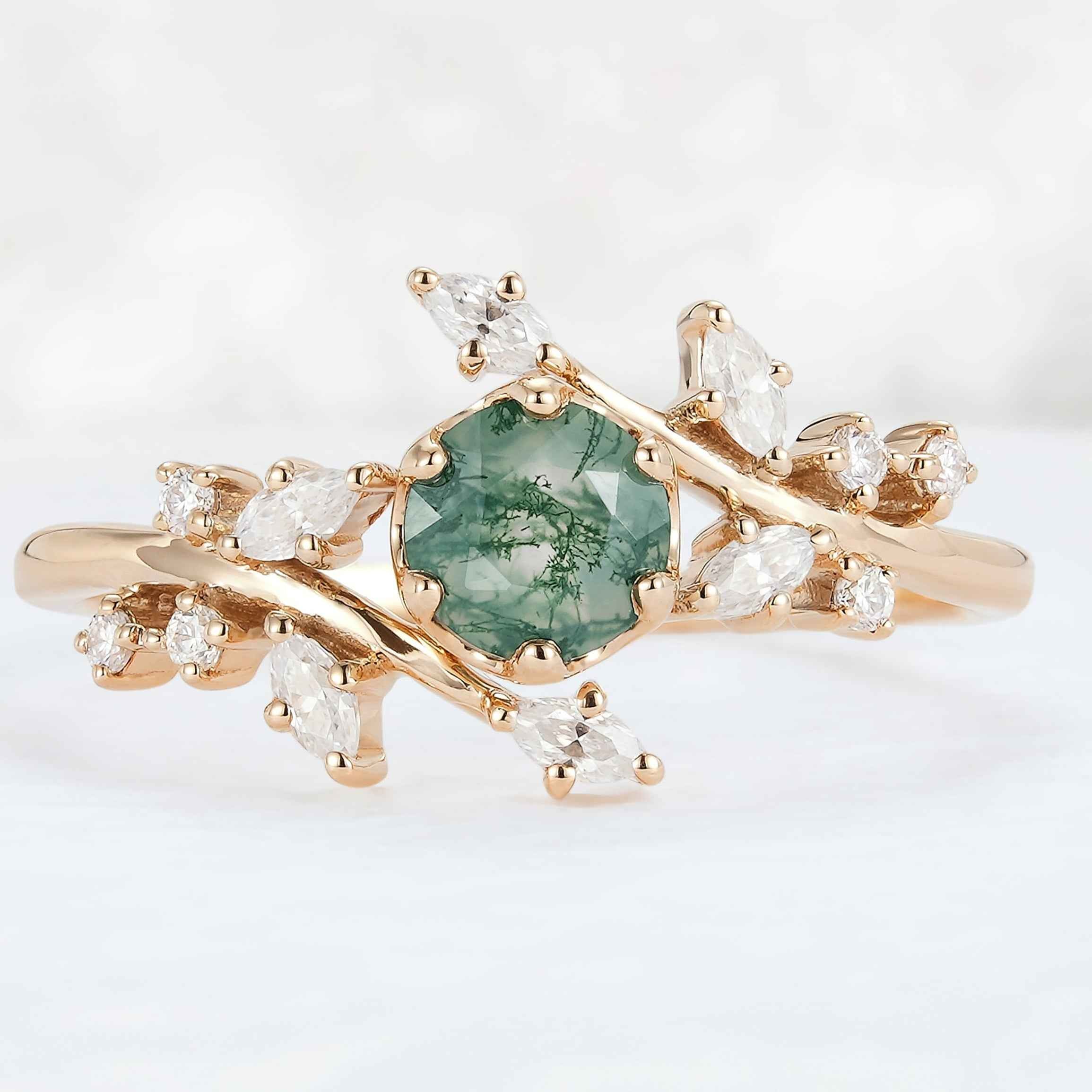Nature Inspired Round Moss Agate Vine Engagement Ring – Iver Jewelry