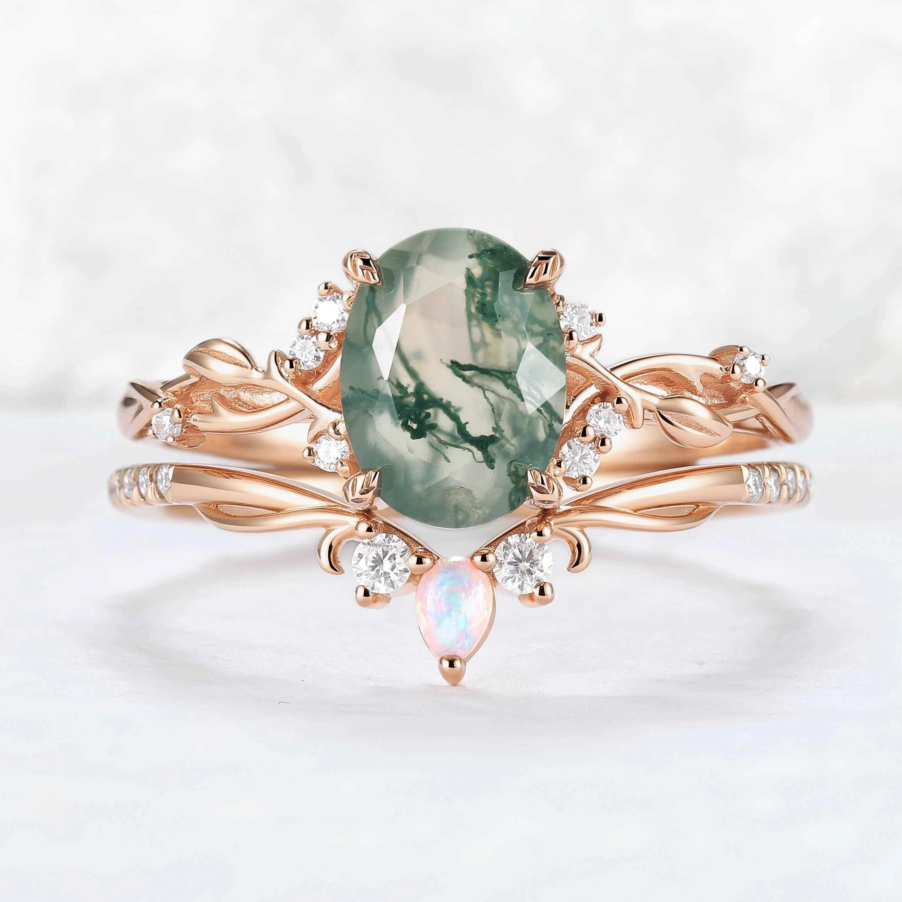 Nature Inspired Oval Cut Moss Agate Gemstone Ring Set 2pcs - Iver Jewelry